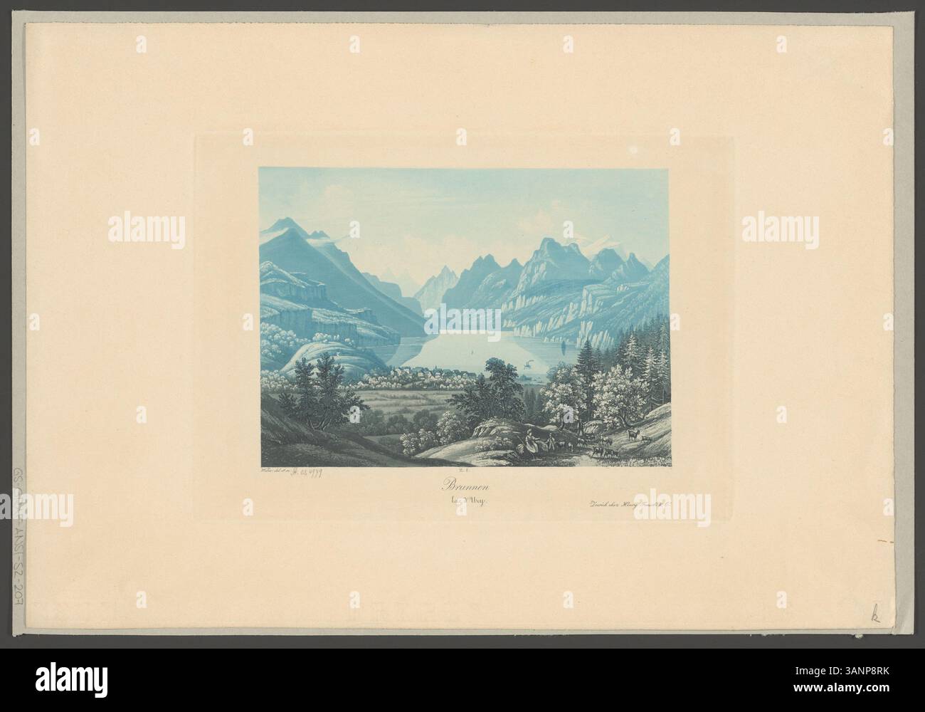 An aquatint print by Lukas Weber showing the village of Brunnen and ...