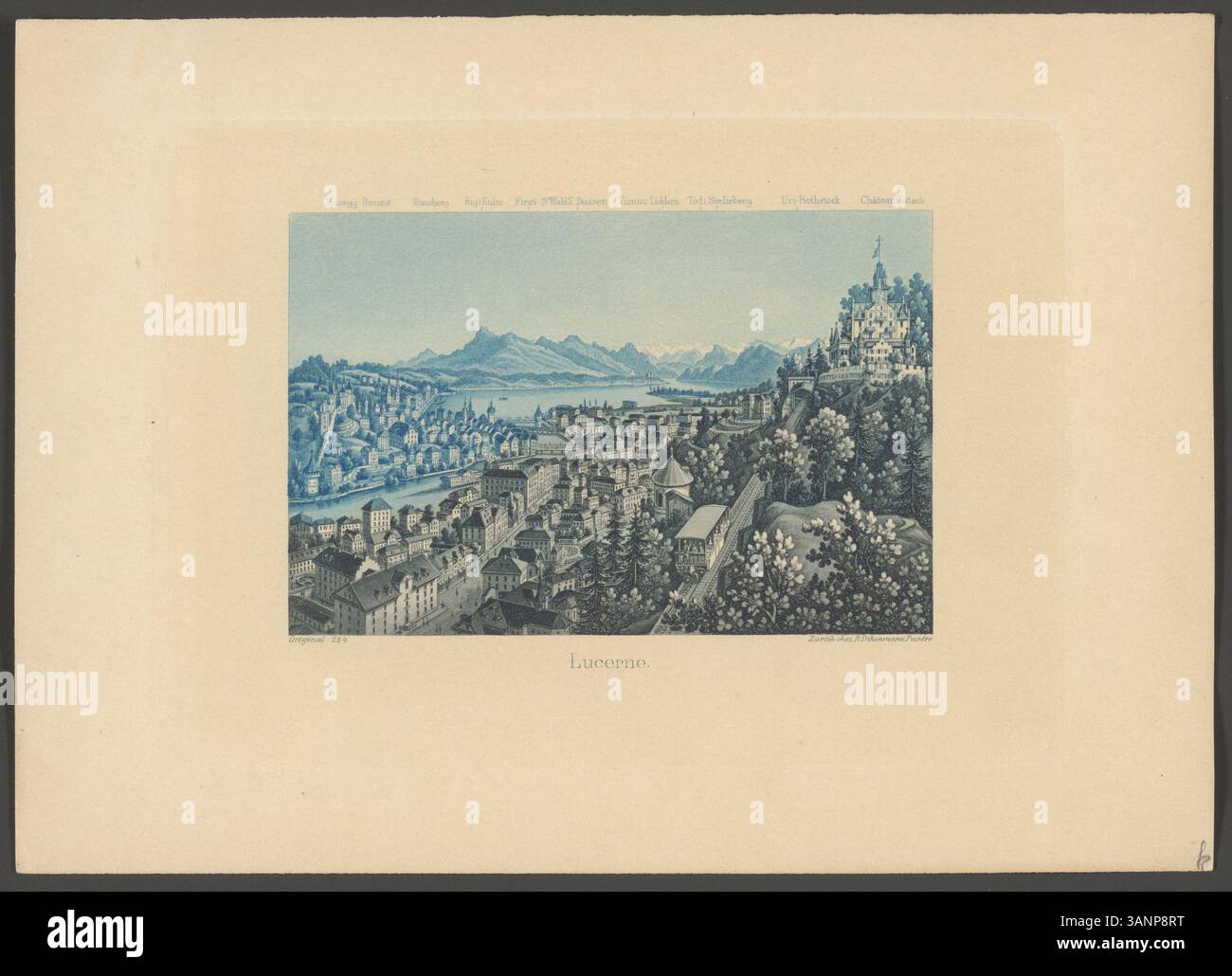 Aquatint print depicting the scenic landscapes around Lucerne, with notable landmarks such as ...