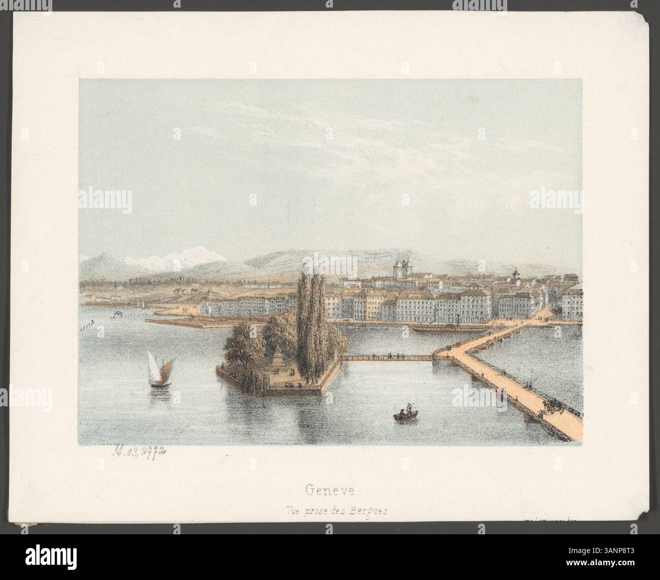 Lithograph on paper depicting a view of Geneva from the Bergues ...