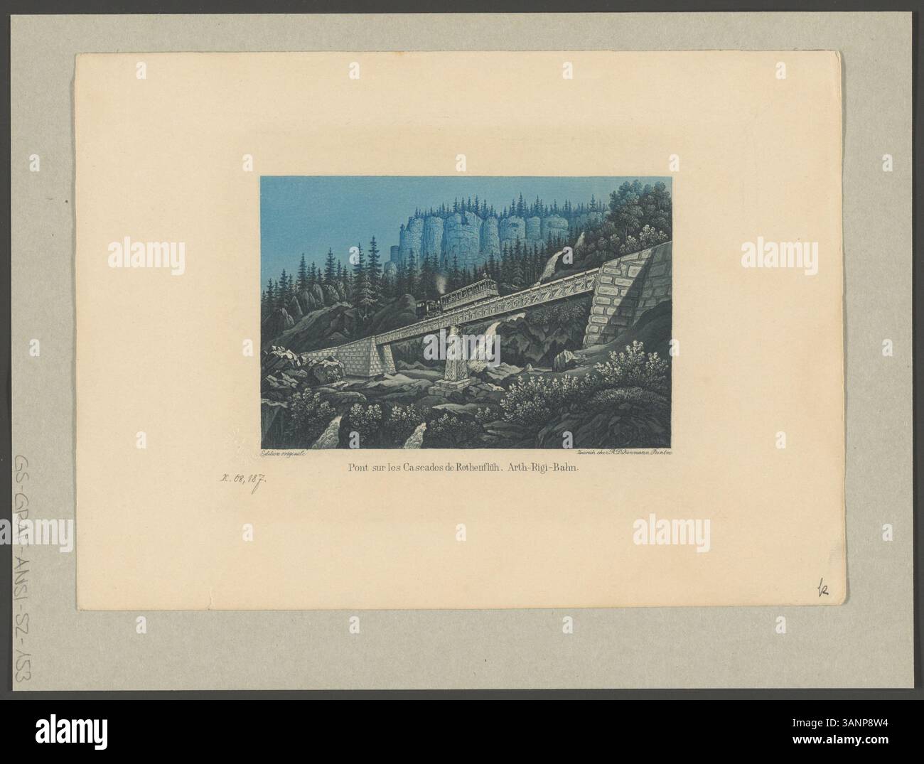 Etching and aquatint print depicting the Rothenfluh waterfalls and bridge on the Arth-Rigi-Bahn ...