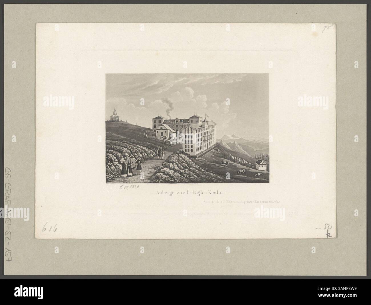 This etching and aquatint print depicts the Righi-Kulm Inn, a historical landmark located at the ...