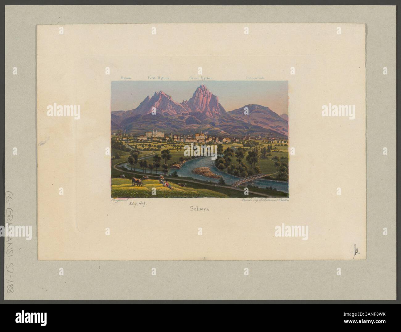 Etching and aquatint print depicting Schwyz, Switzerland, and the surrounding peaks, including ...