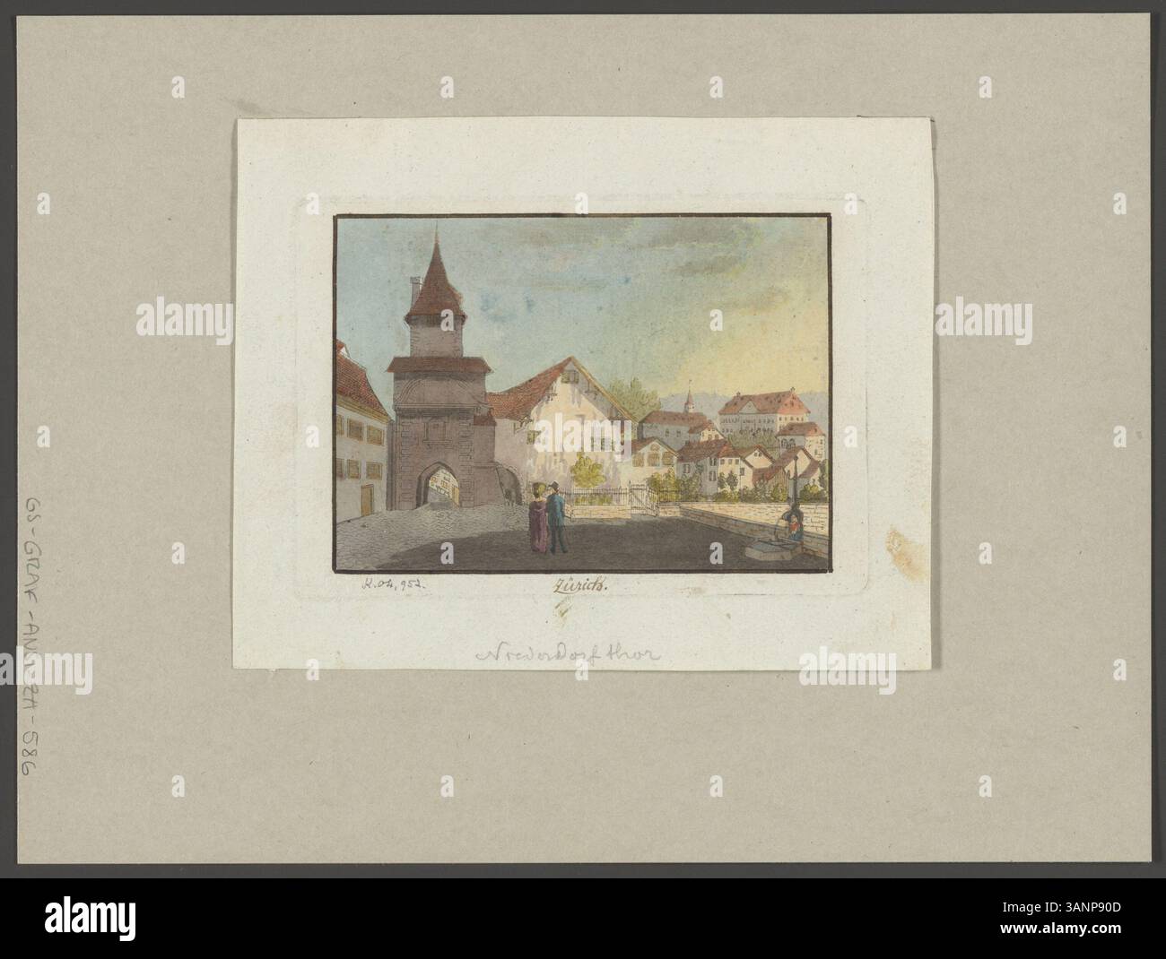 This etching print depicts the Niederdorf Gate in Zurich, part of the ...