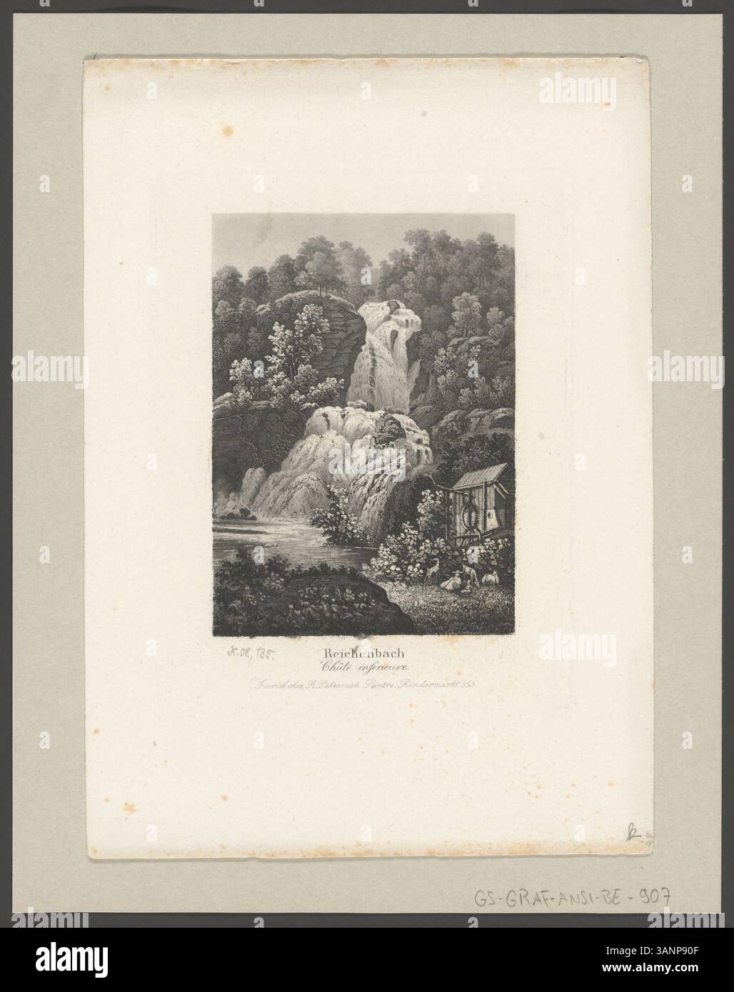 This etching and aquatint print depicts the Reichenbach waterfall in Switzerland. Published by ...