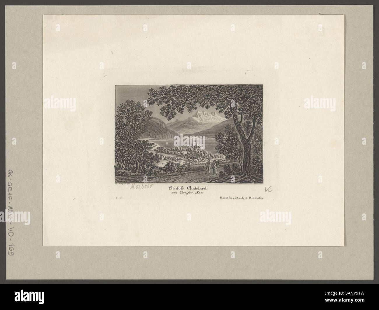 This 1836 aquatint print by Johann Jakob Meyer depicts Château de Châtelard on Lake Geneva. It ...