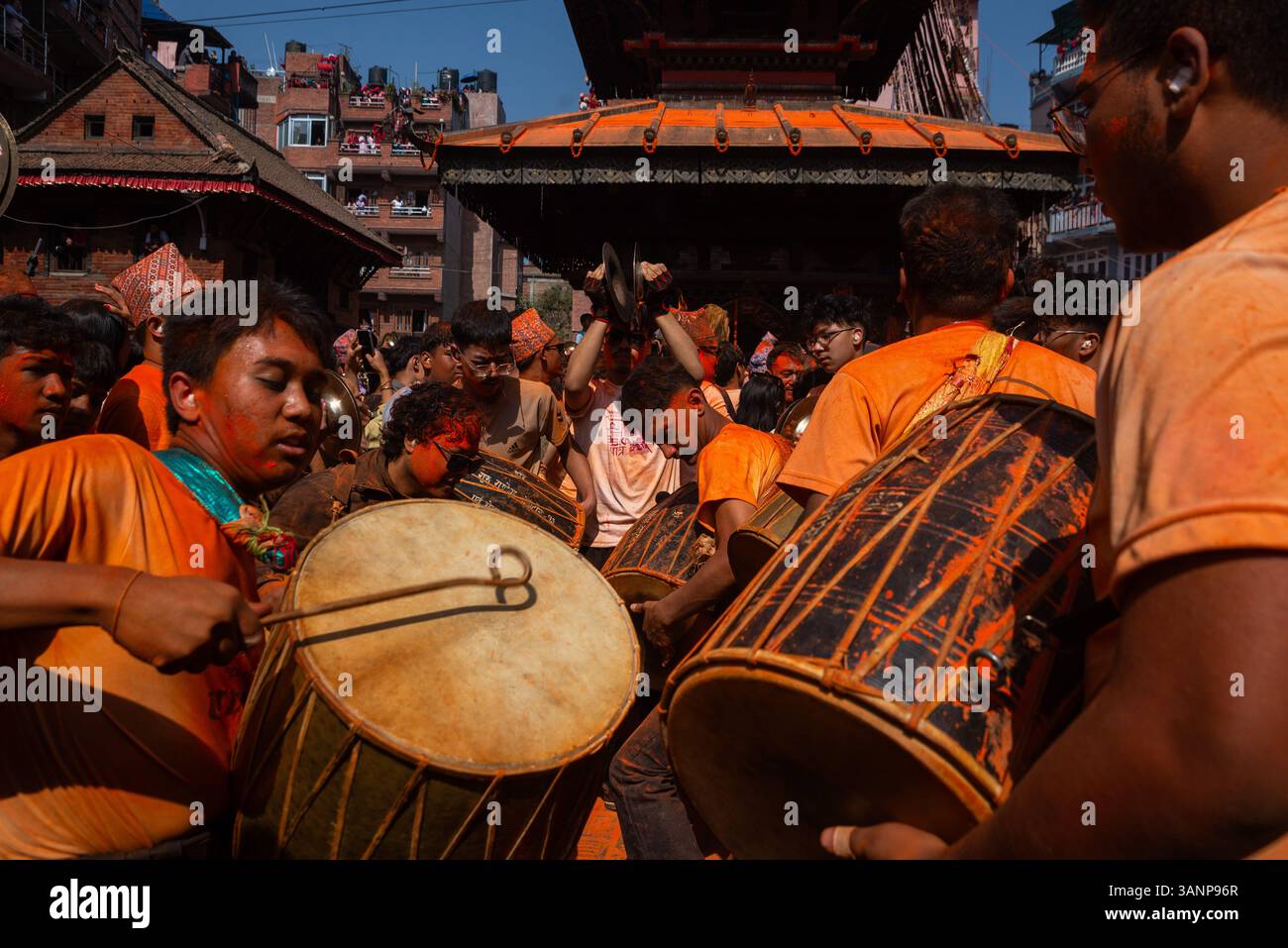 Bhaktapur, Nepal. 15th Apr, 2025. Nepalese devotees playing traditional ...