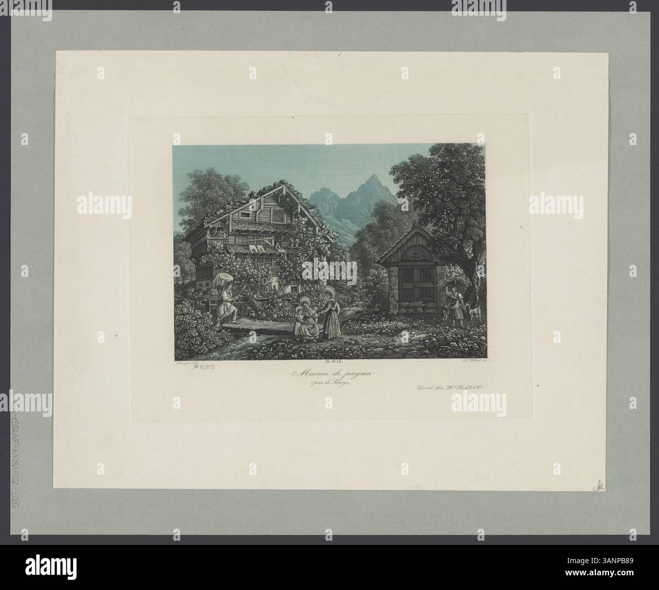 Steel engraving and aquatint print of a peasant house near Schwyz, Switzerland, created by Banga ...