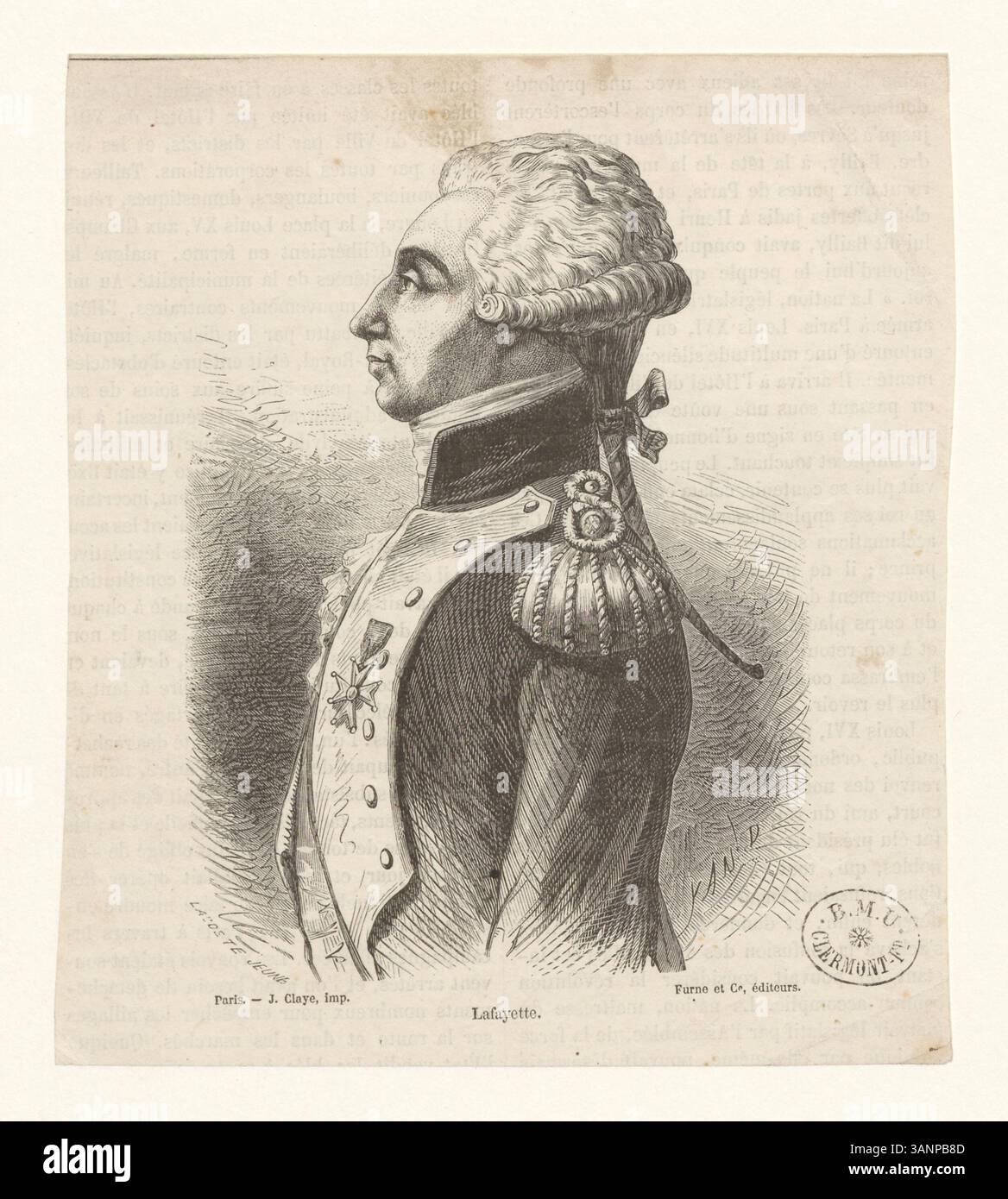 Wood engraving print of Gilbert du Motier, Marquis de Lafayette ...