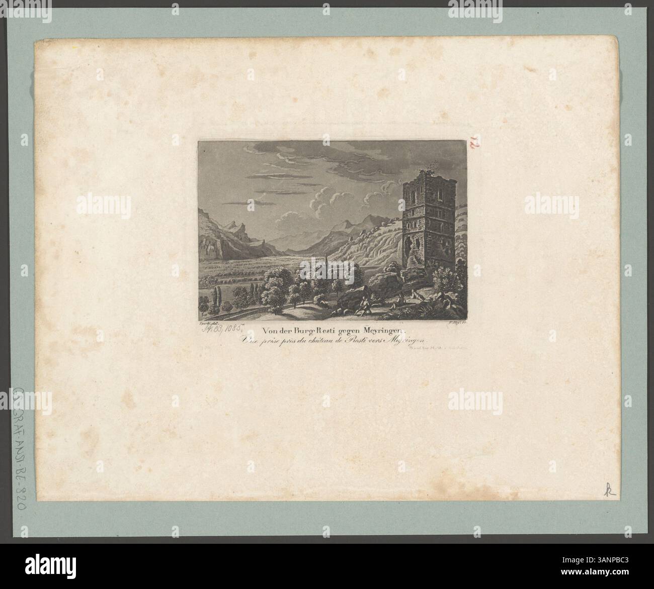 This print 'Von der Burg Resti gegen Meyringen' depicts the view from ...