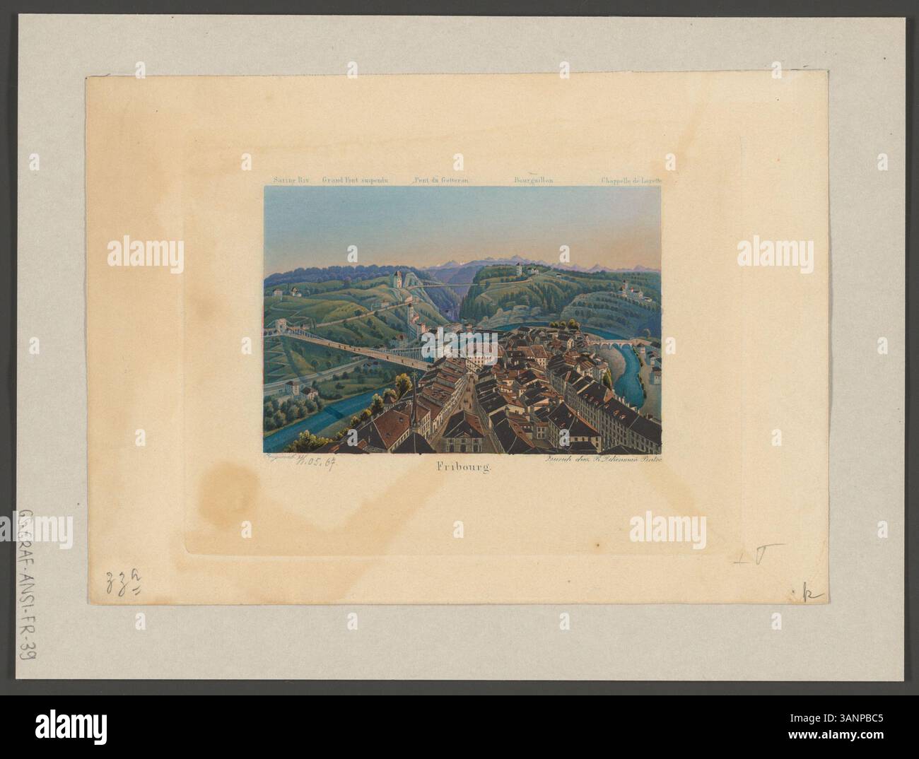 A print from Johann Rudolf Dikenmann after 1840, showcasing the Sarine River and the Grand Pont ...