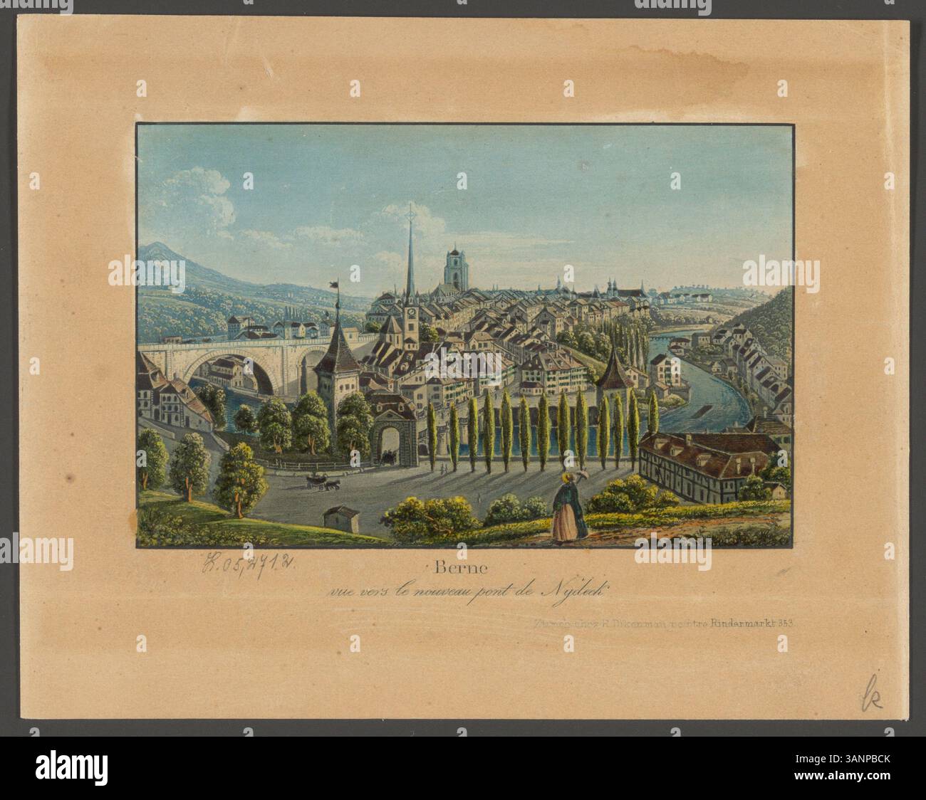 Etching and aquatint print depicting Bern, Switzerland, with a view toward the Nydeck Bridge ...