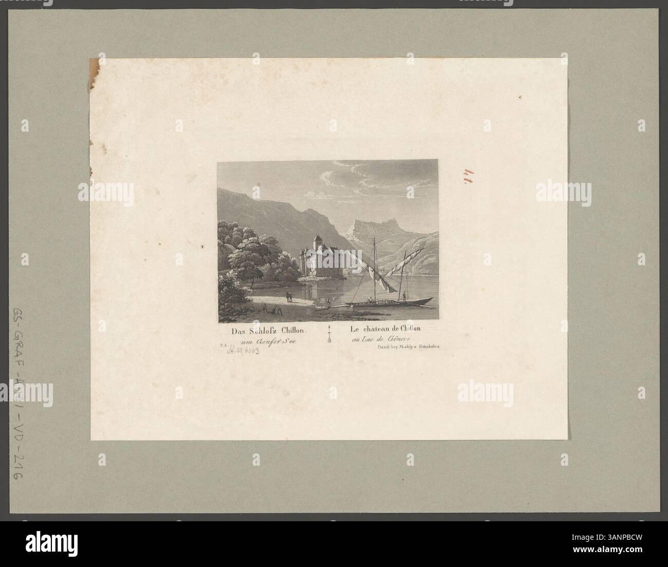 Print from the 1840s depicting Chillon Castle on Lake Geneva, created ...