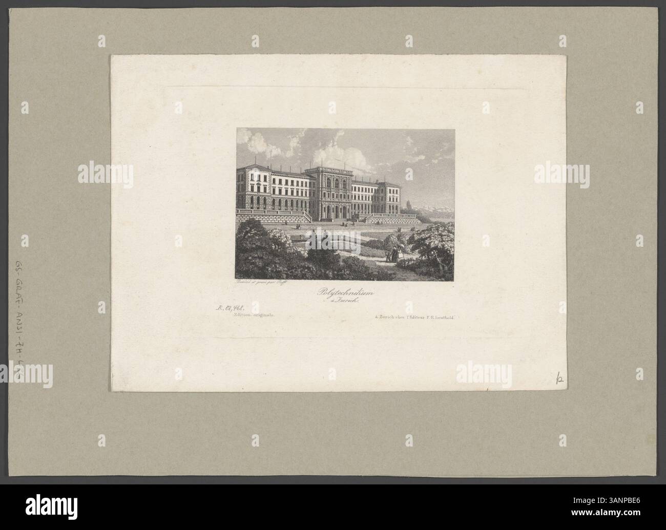 This steel engraving and aquatint print by Johannes Ruff depicts the Polytechnikum in Zurich. It ...