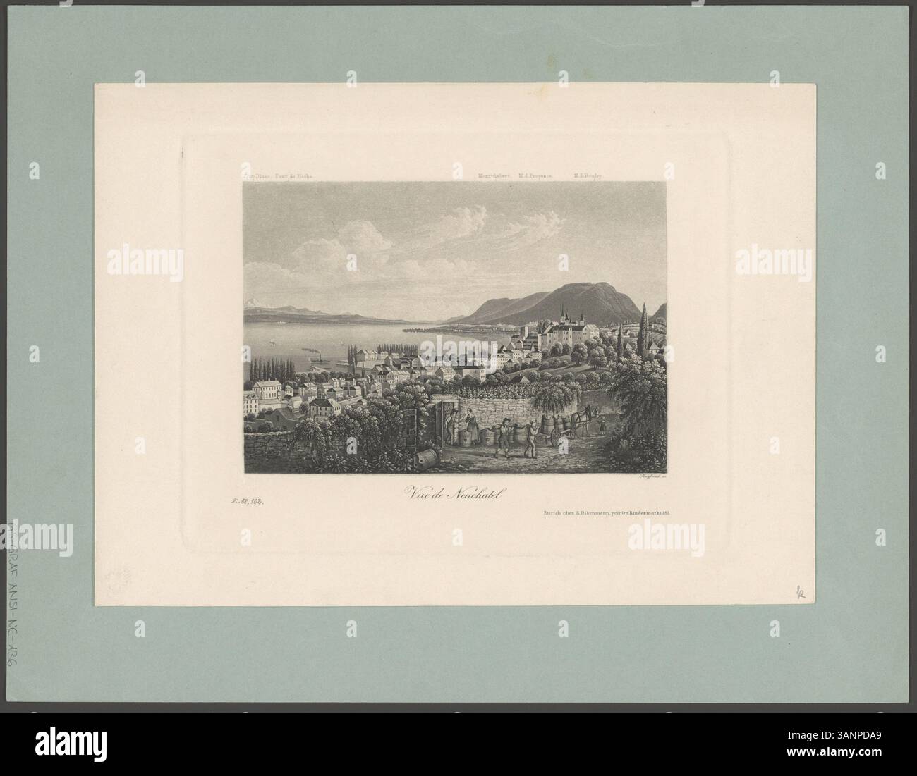 Aquatint and etching print by Heinrich Siegfried, depicting a view of Neuchâtel, Switzerland, in ...