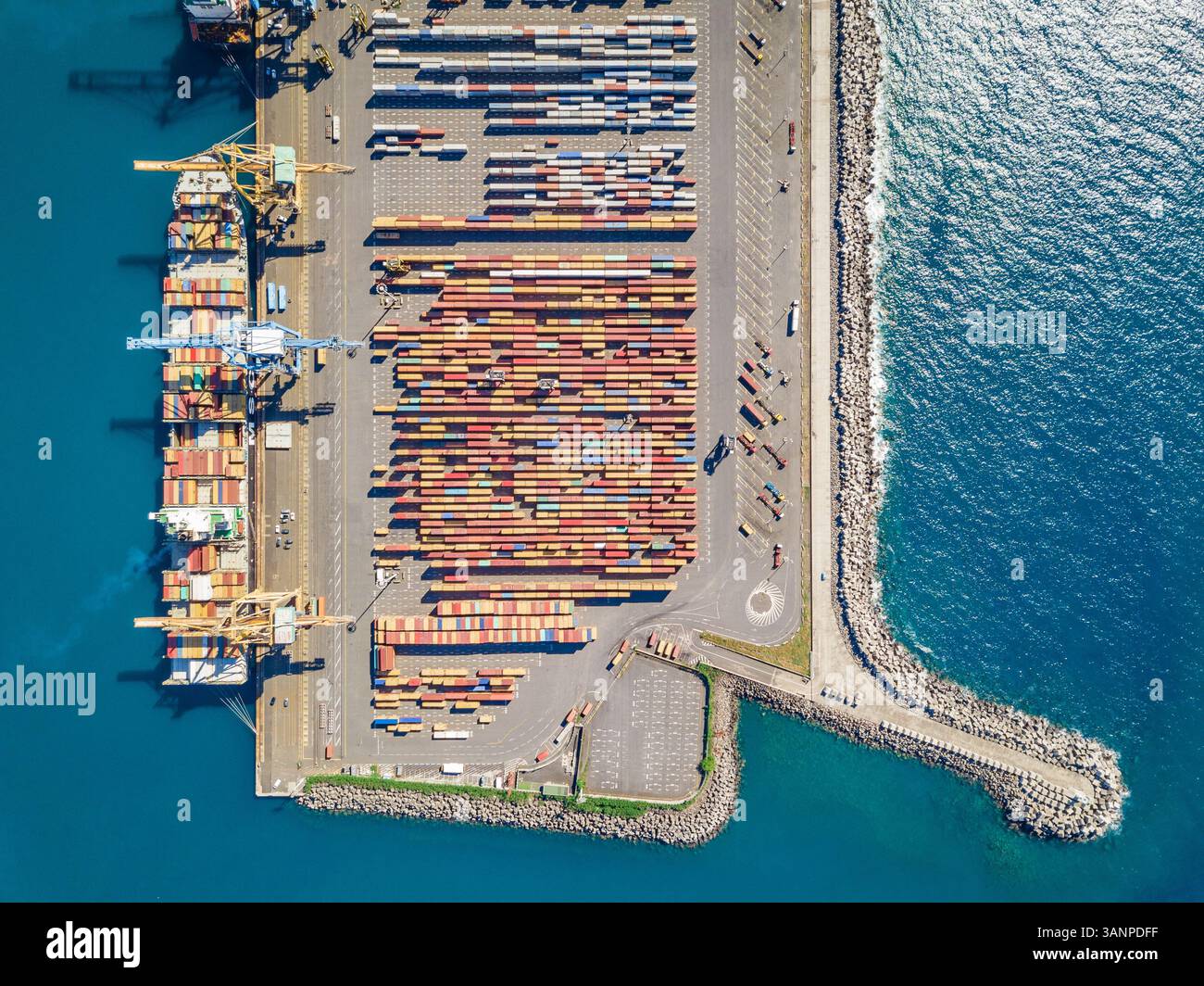 Aerial view of cargo ships and shipping containers in harbour, Reunion ...