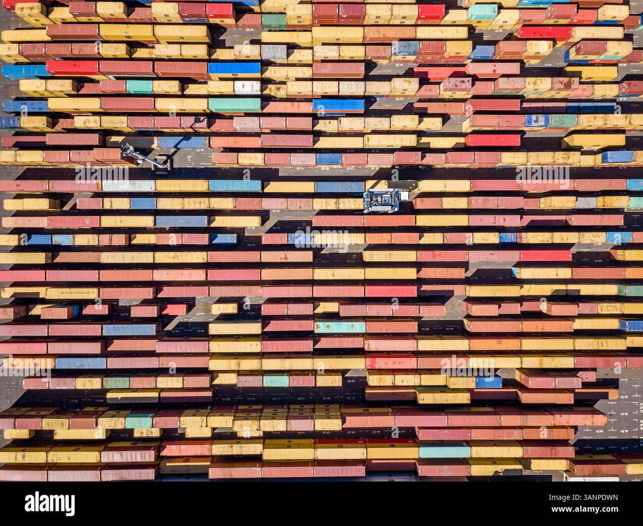 Aerial view of muliticoloured shipping containers in Le Port, Reunion ...