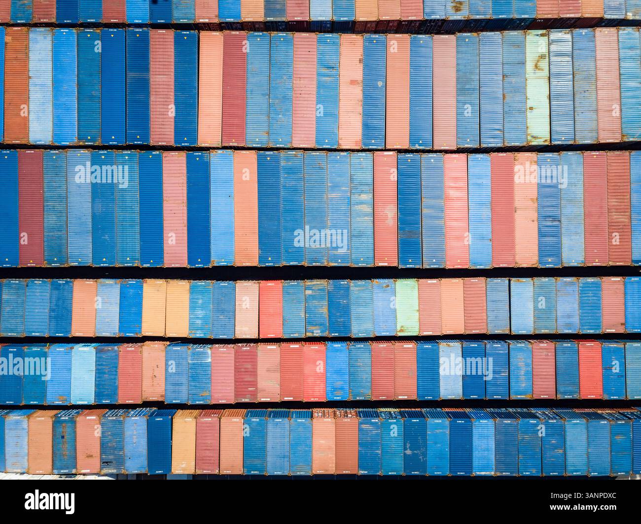 Aerial view of muliticoloured shipping containers in Le Port, Reunion ...