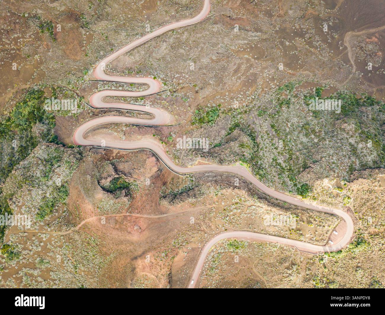 Aerial view of winding Route du Volcan road, Reunion island Stock Photo ...