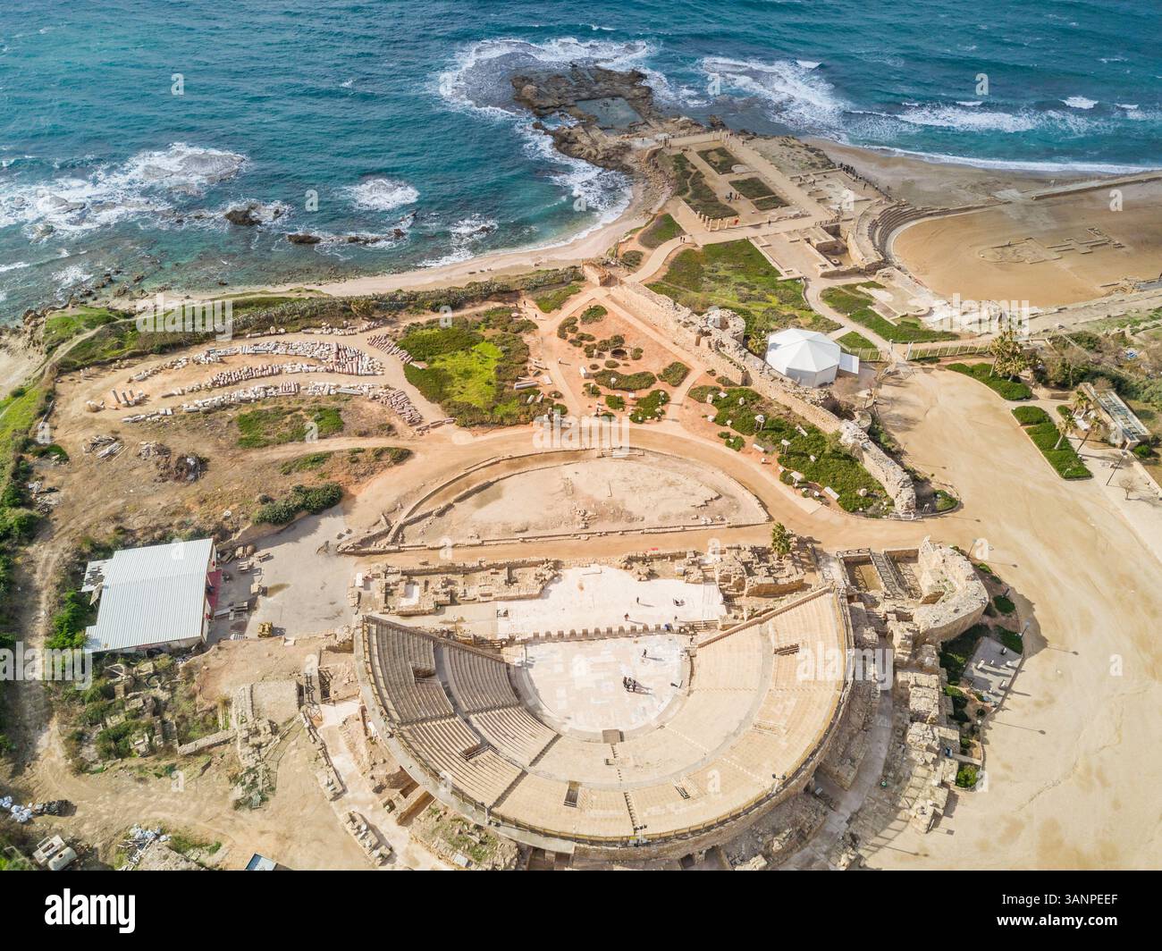 Aerial view of ruins of Promontory Palace amphitheatre, Haifa, Israel ...
