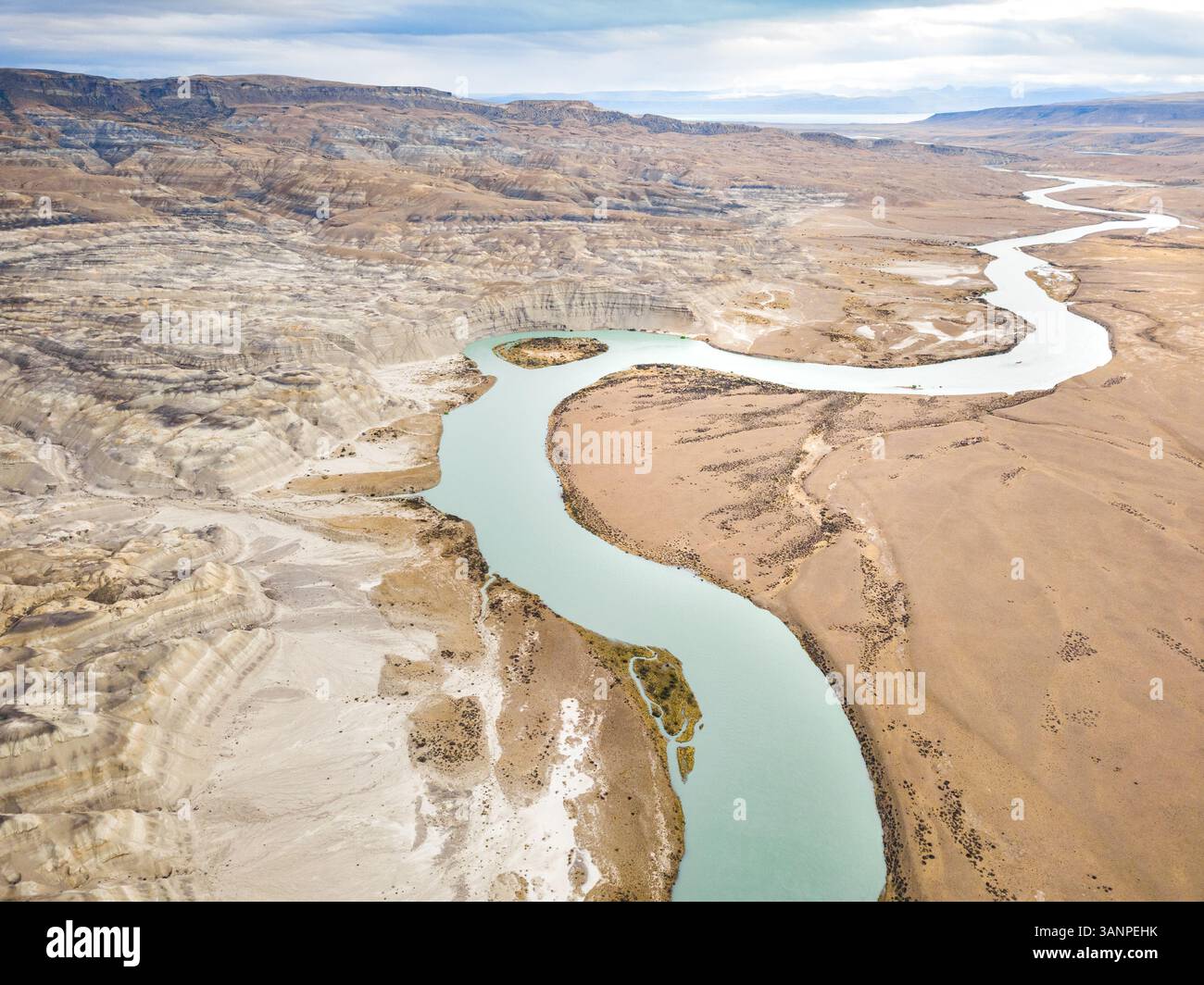 Aerial view of La Leona river in plateau of Lago Viedma, Santa Cruz ...