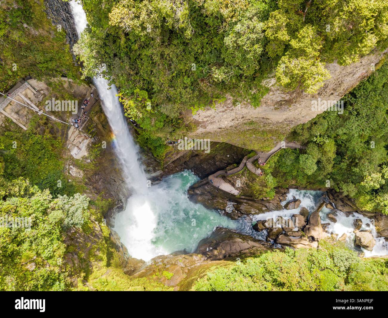 Aerial view of Cascada El Pailon del diablo waterfall in Province of ...