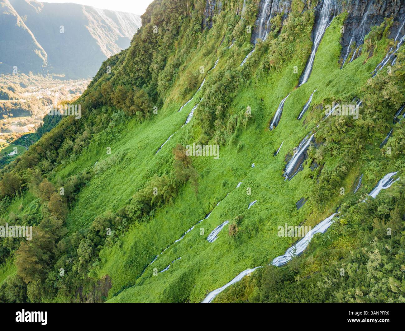 Aerial view of Voile de la Mariee waterfall, Reunion island Stock Photo ...