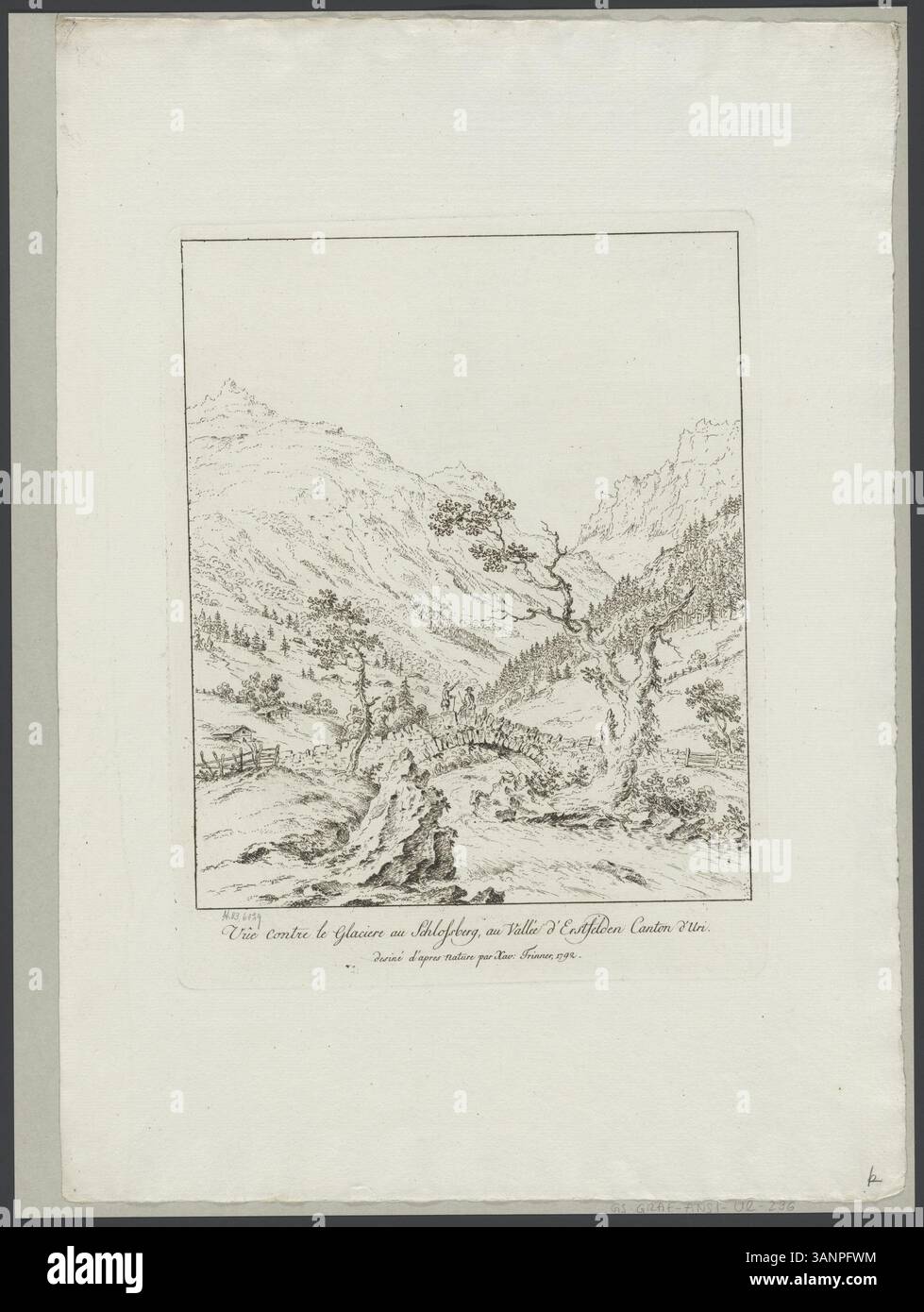 Etching print from 1792 by Josef Franz Xaver Leontius Triner depicting the view of a glacier at ...