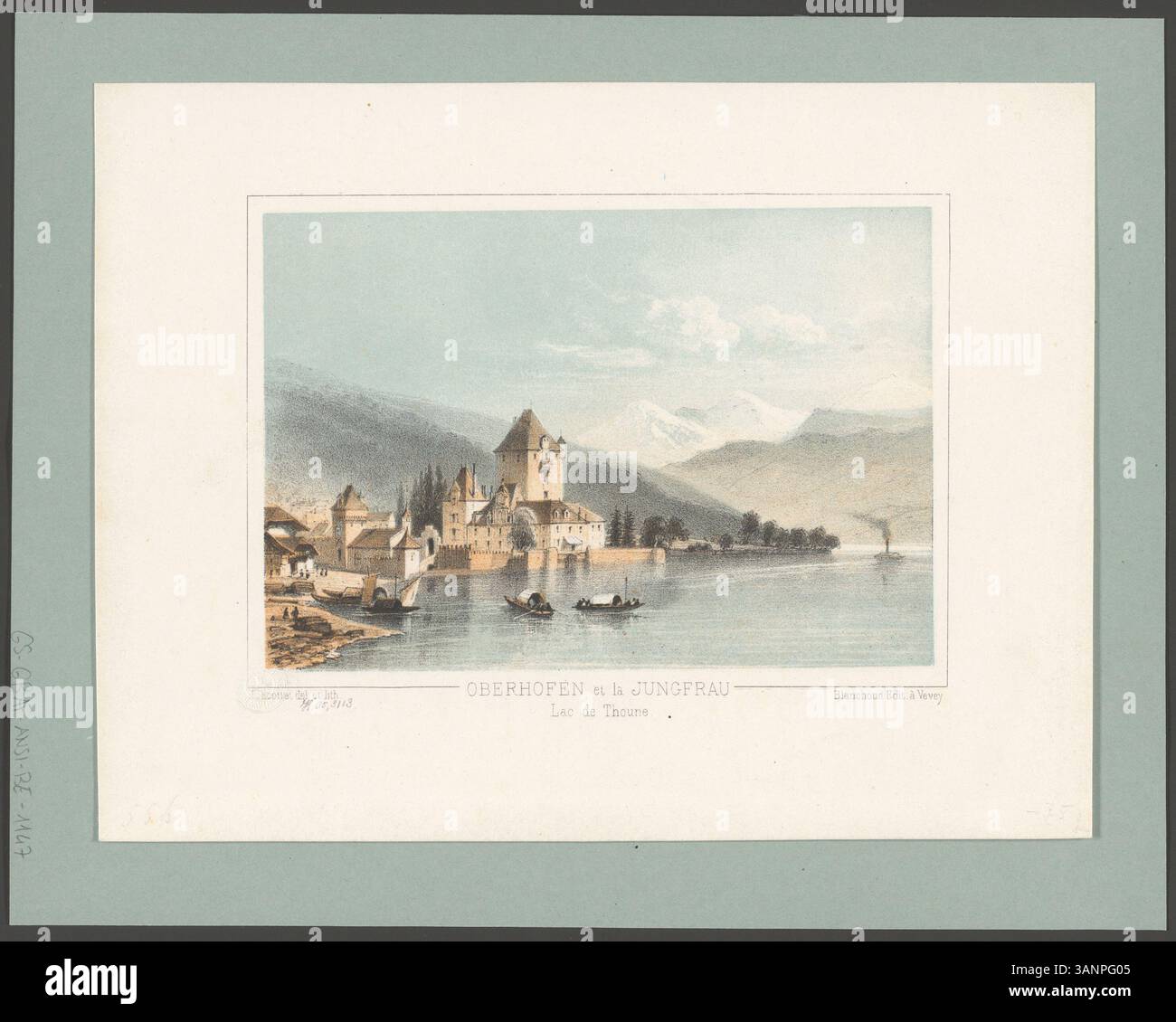 This 19th-century lithograph by Jean Jacottet depicts Lake Thun and the ...