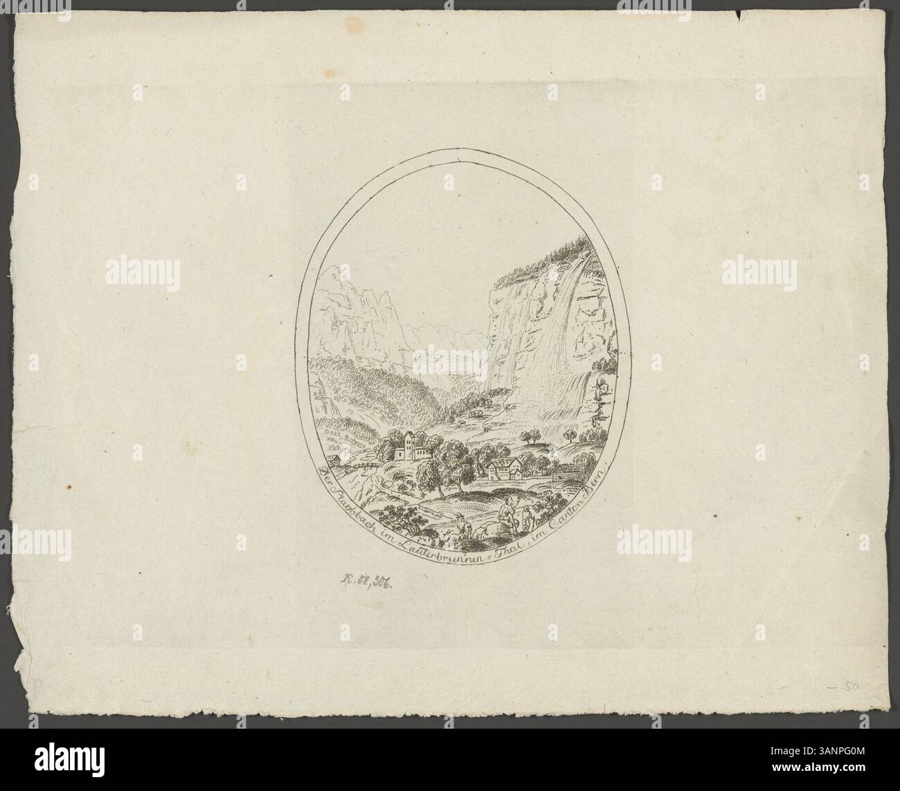 This 19th-century etching depicts the Staubbach waterfall in ...