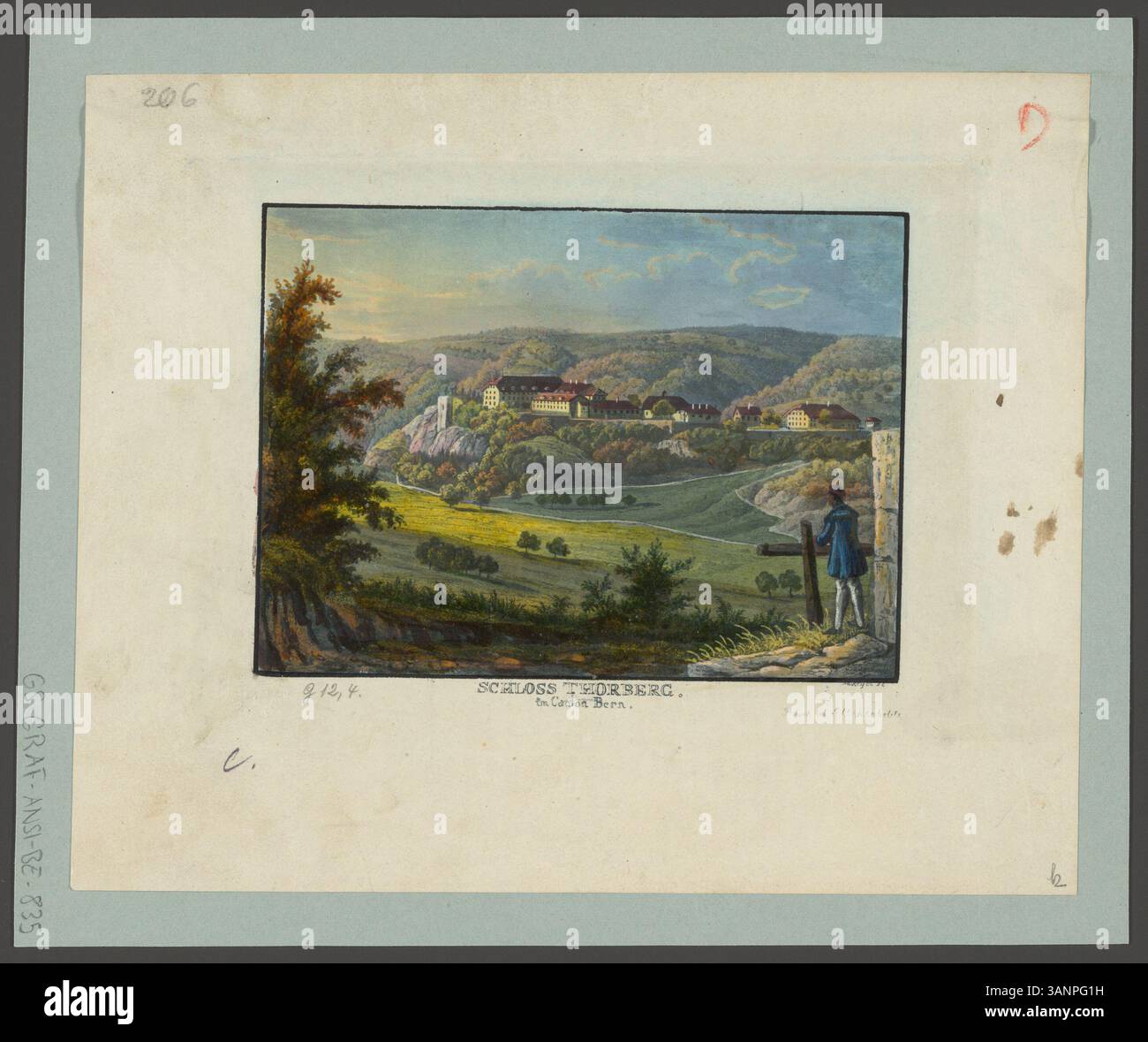 This etching and aquatint print from around 1840 depicts Schloss Thorberg in the Canton of Bern ...