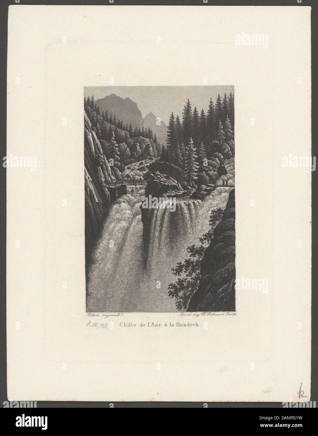 An aquatint and etching print of the Chûte de l'Aar at the Handeck, showcasing Switzerland's ...