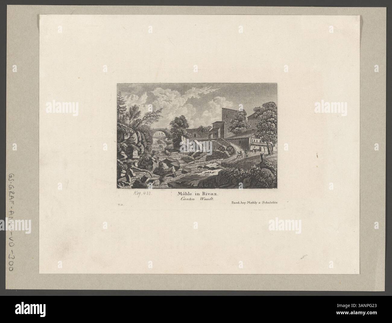 This aquatint and etching print from 1836 depicts a mill in Rivaz ...