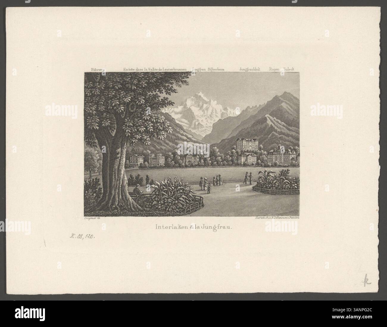 This 19th-century etching and aquatint print by Johann Rudolf Dikenmann depicts the Jungfrau and ...
