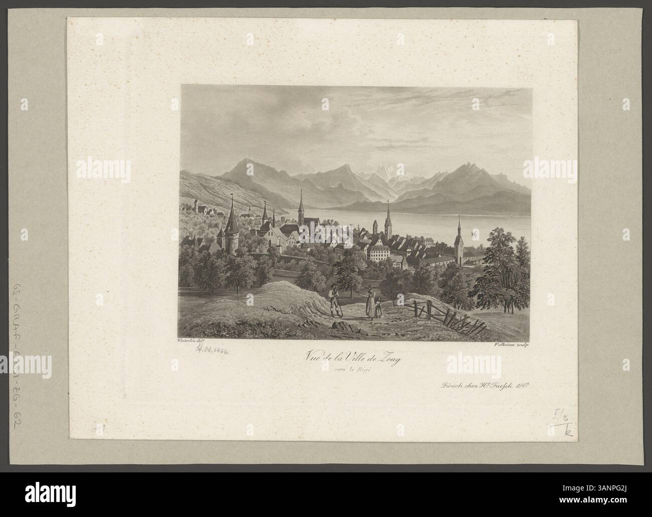 View of Zug from the Rigi, circa 1830. The print shows the town of Zug ...