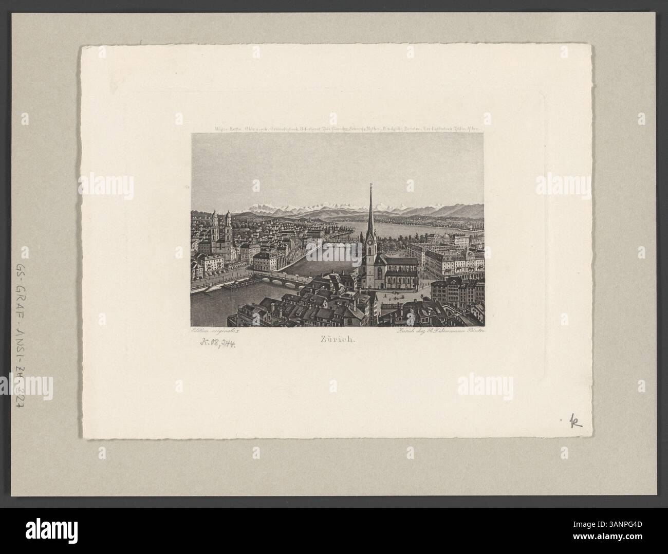 Steel engraving and aquatint print showing Zurich, including detailed views of various mountain ...
