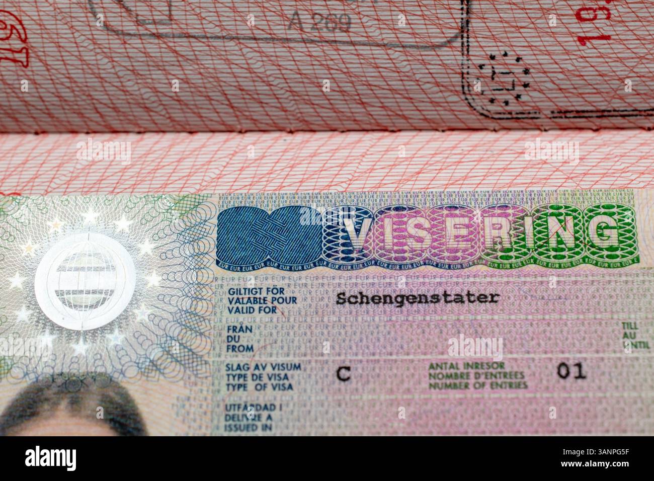 Sweden visa stamp inside travel passport close up, official Schengen ...