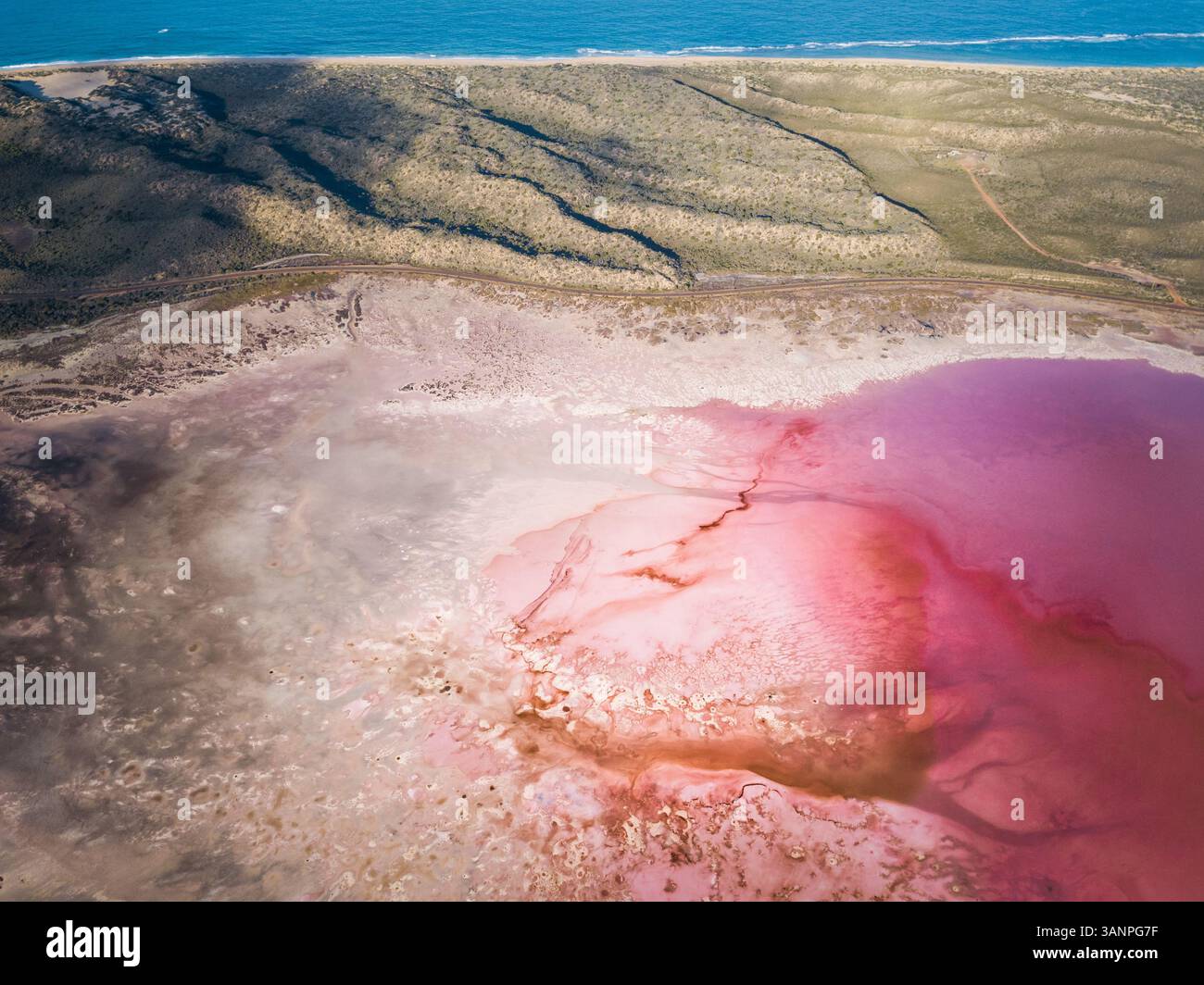 Aerial view of Hutt Lagoon pink salt bed lake in Yallabatharra ...