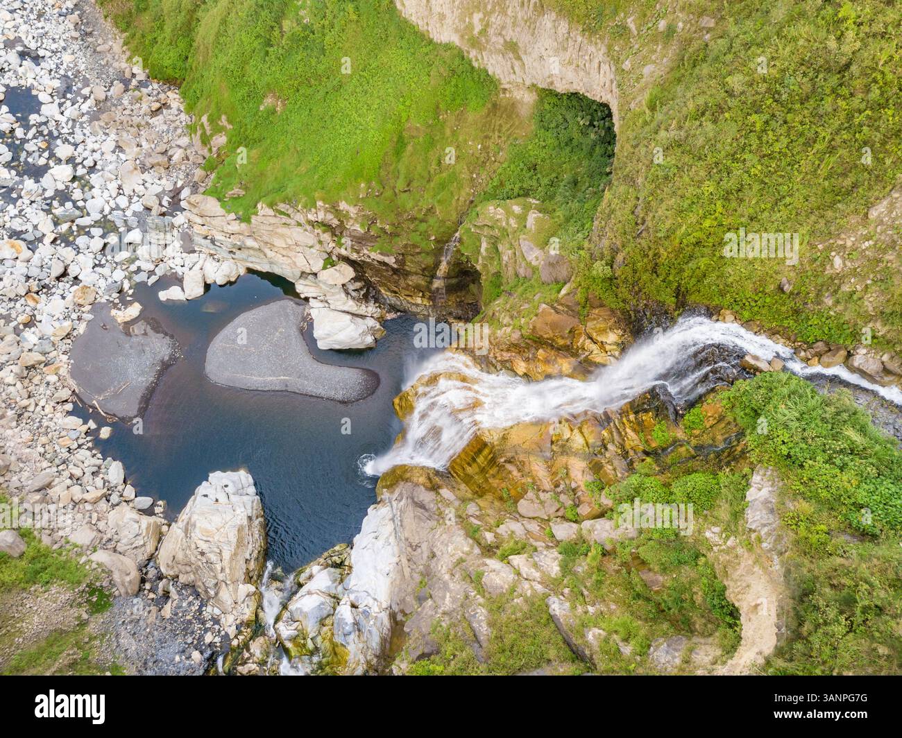 Aerial view of Rio Pastaza waterfall in Canton Banos, Tungurahua ...