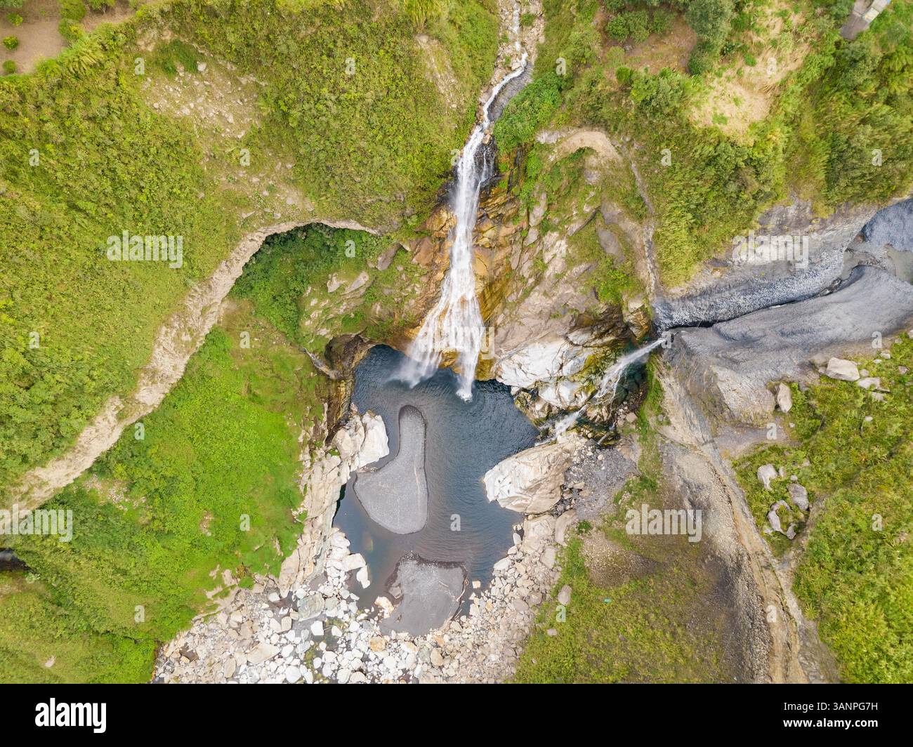 Aerial view of Rio Pastaza waterfall in Canton Banos, Tungurahua ...