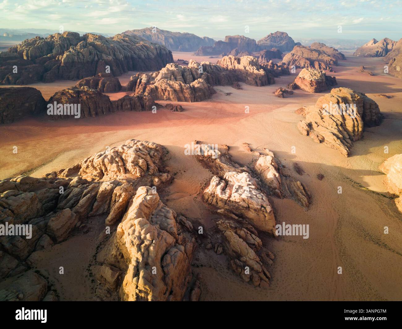 Aerial view of the desertic landscape of Wadi Rum in Jordan Stock Photo ...