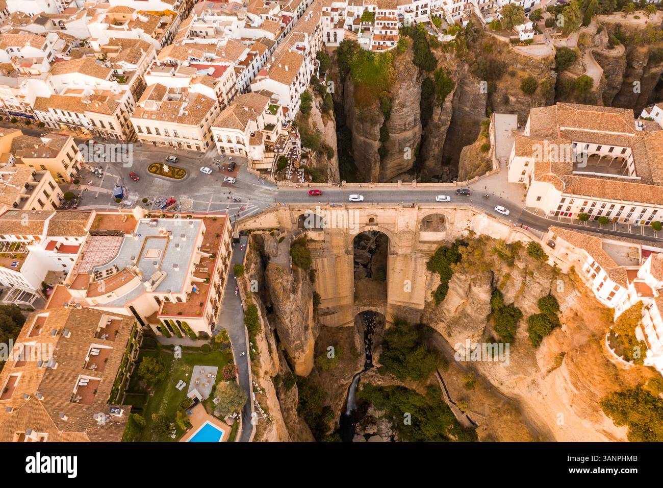 Aerial view of El Tajo Gorge, famous bridge in Ronda, Malaga, Spain ...