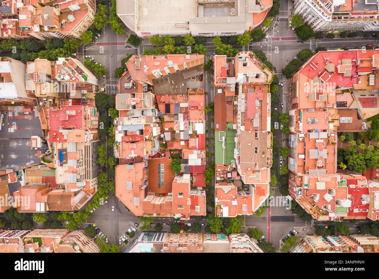Aerial view above of Barcelona square blocks residential area, Spain ...