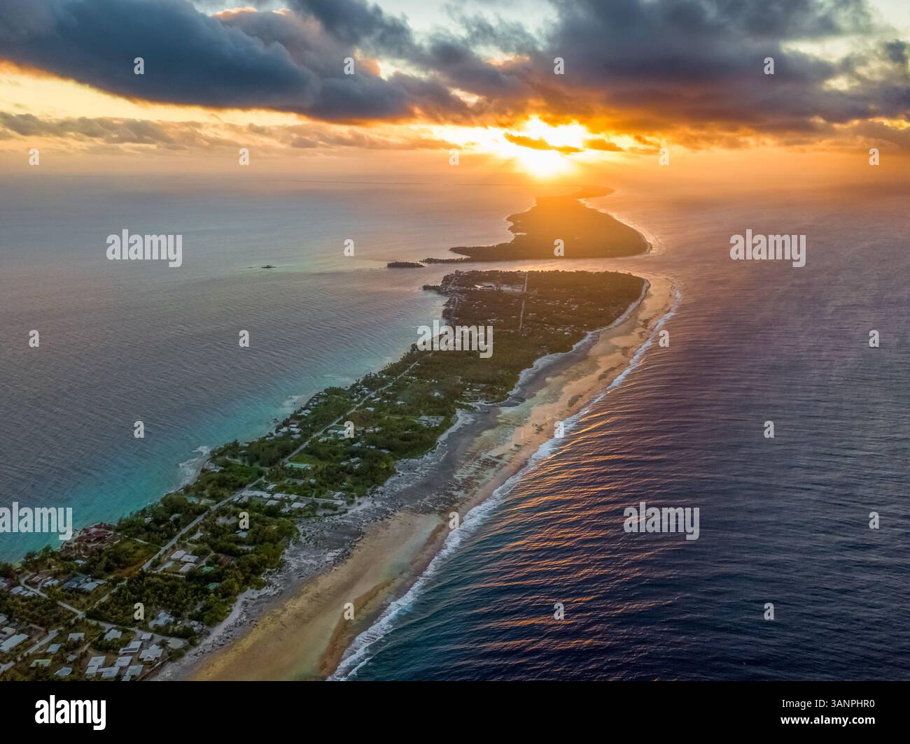 Aerial view of one of the largest atolls in the world, Rangiroa atoll ...