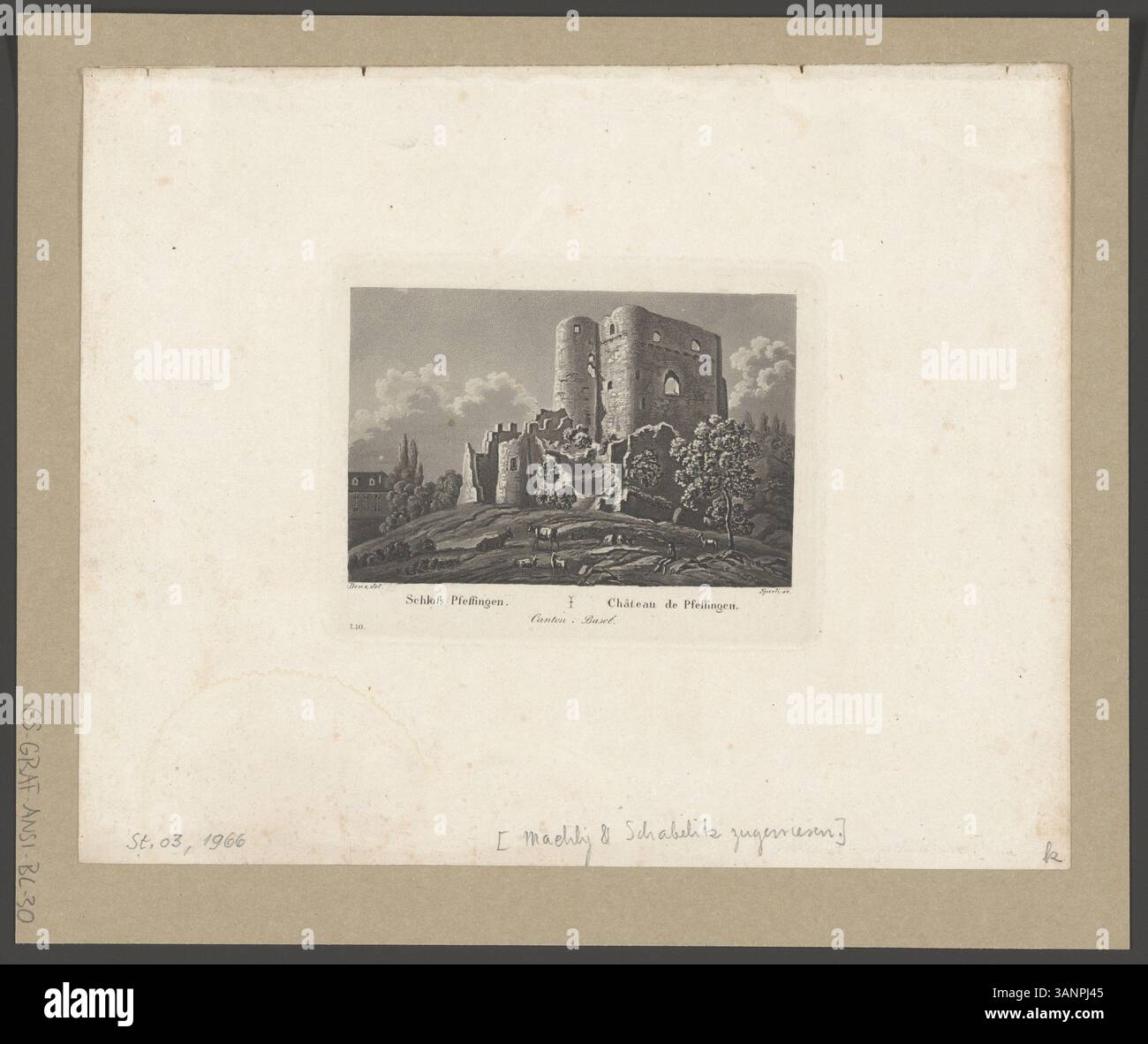 This 1839 aquatint print by Achilles Benz and Johann Jakob Sperli depicts Château de Pfeffingen ...