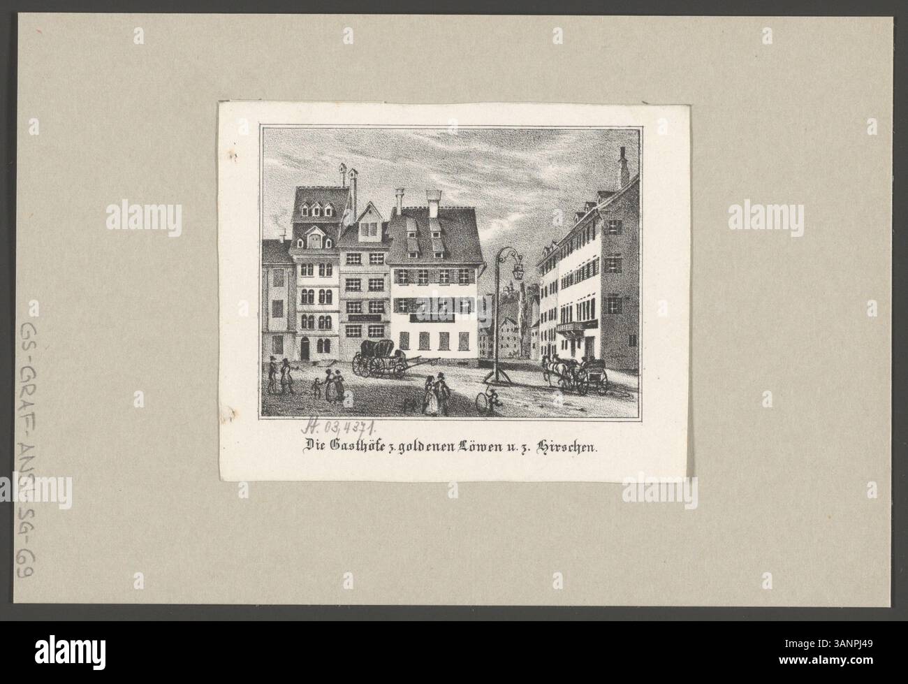 This lithograph depicts two inns: 'Zum Goldenen Löwen' and 'Zum ...