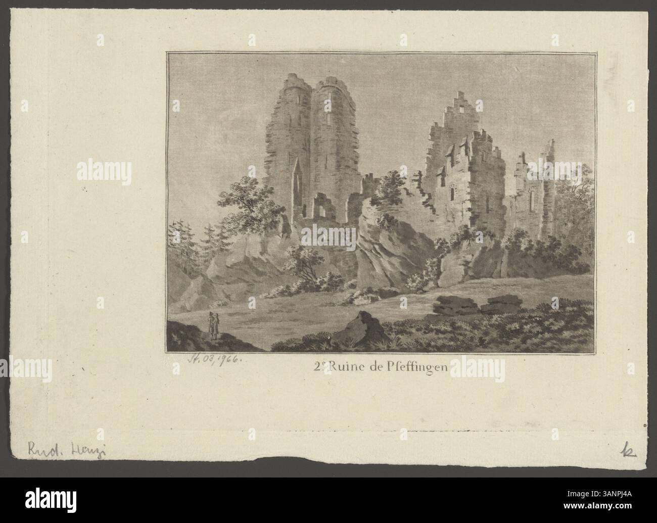 Aquatint and etching print from 1808, showing the ruins of Pfeffingen ...