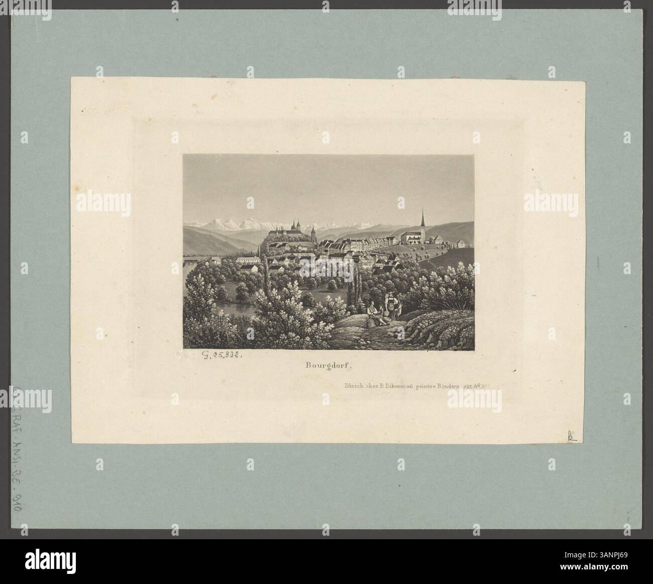 This aquatint and etching print by Johann Rudolf Dikenmann features Bourgdorf, depicting a ...