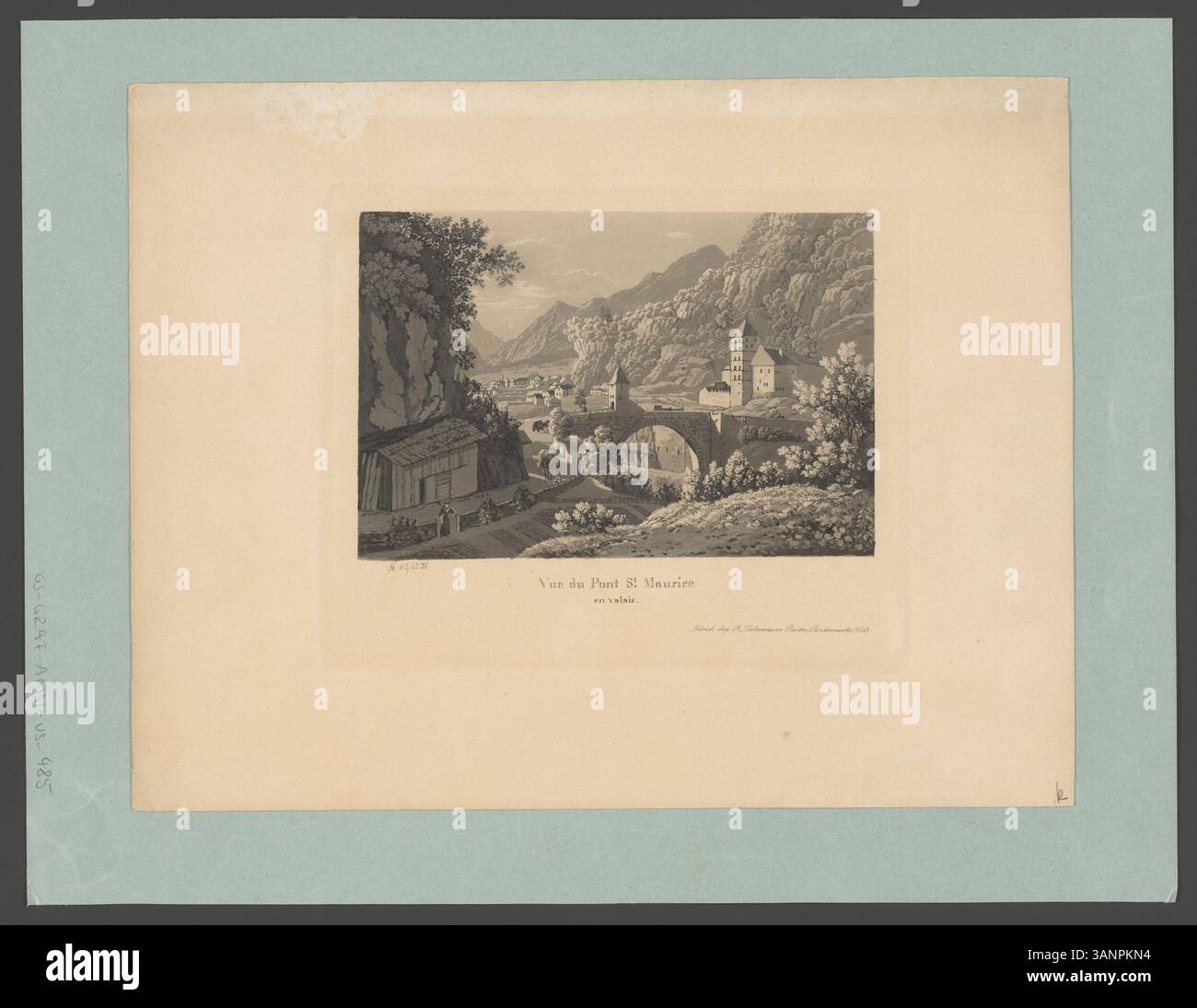 This aquatint print from between circa 1850 and 1856 depicts a view of Pont St. Maurice in ...