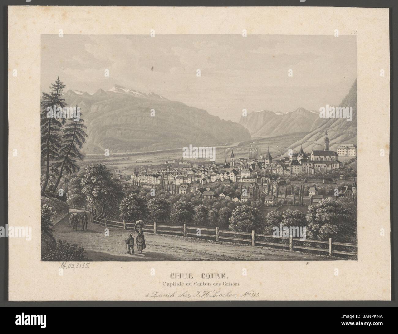 This circa 1850 etching and aquatint print, created by Johann Heinrich Locher, depicts Chur, the ...