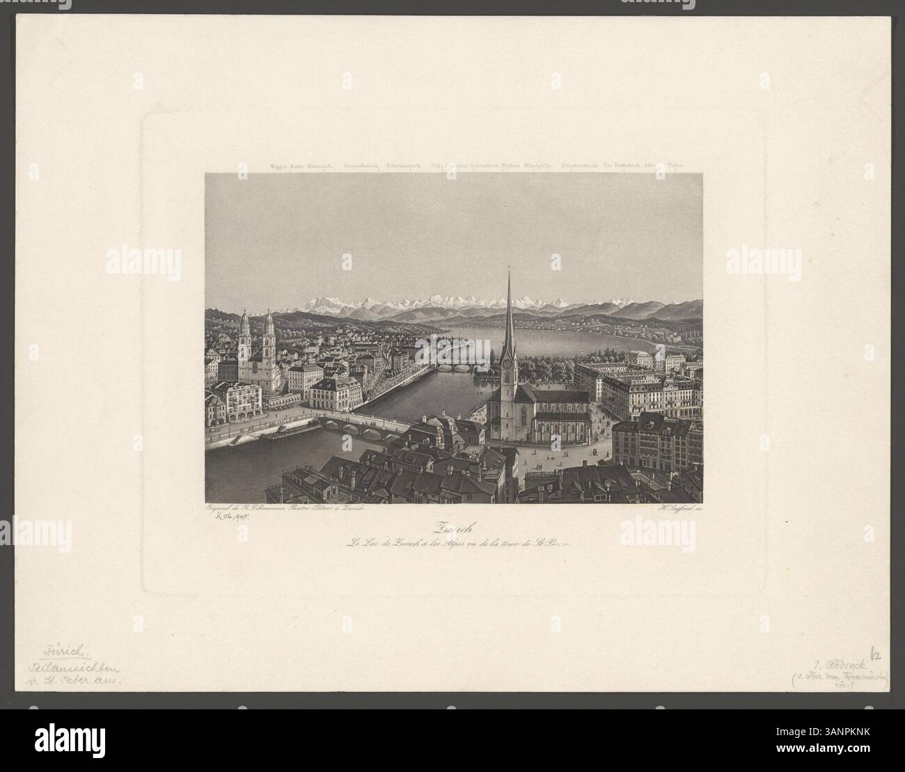 An aquatint print of Zurich, showing a panoramic view of the city, Lake ...